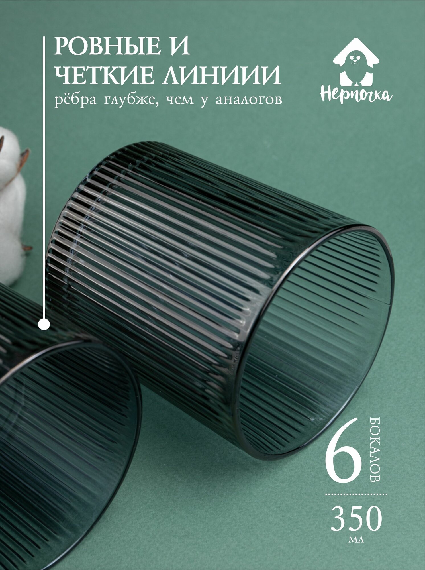 Набор ребристых бокалов для виски, 350 мл. 6 шт. Черный