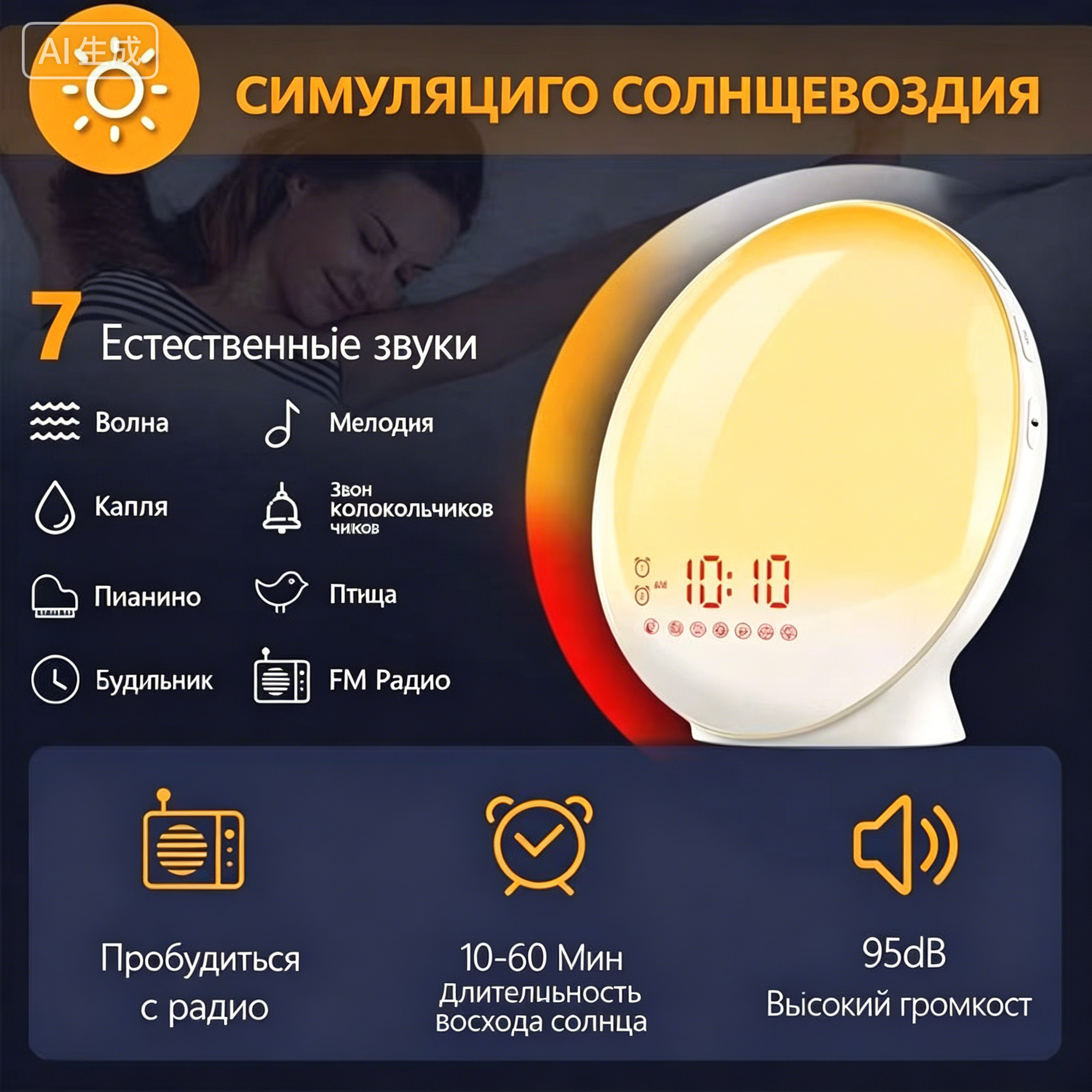 Будильник-лампа имитация восхода солнца, 7 естественных звуков + FM радио