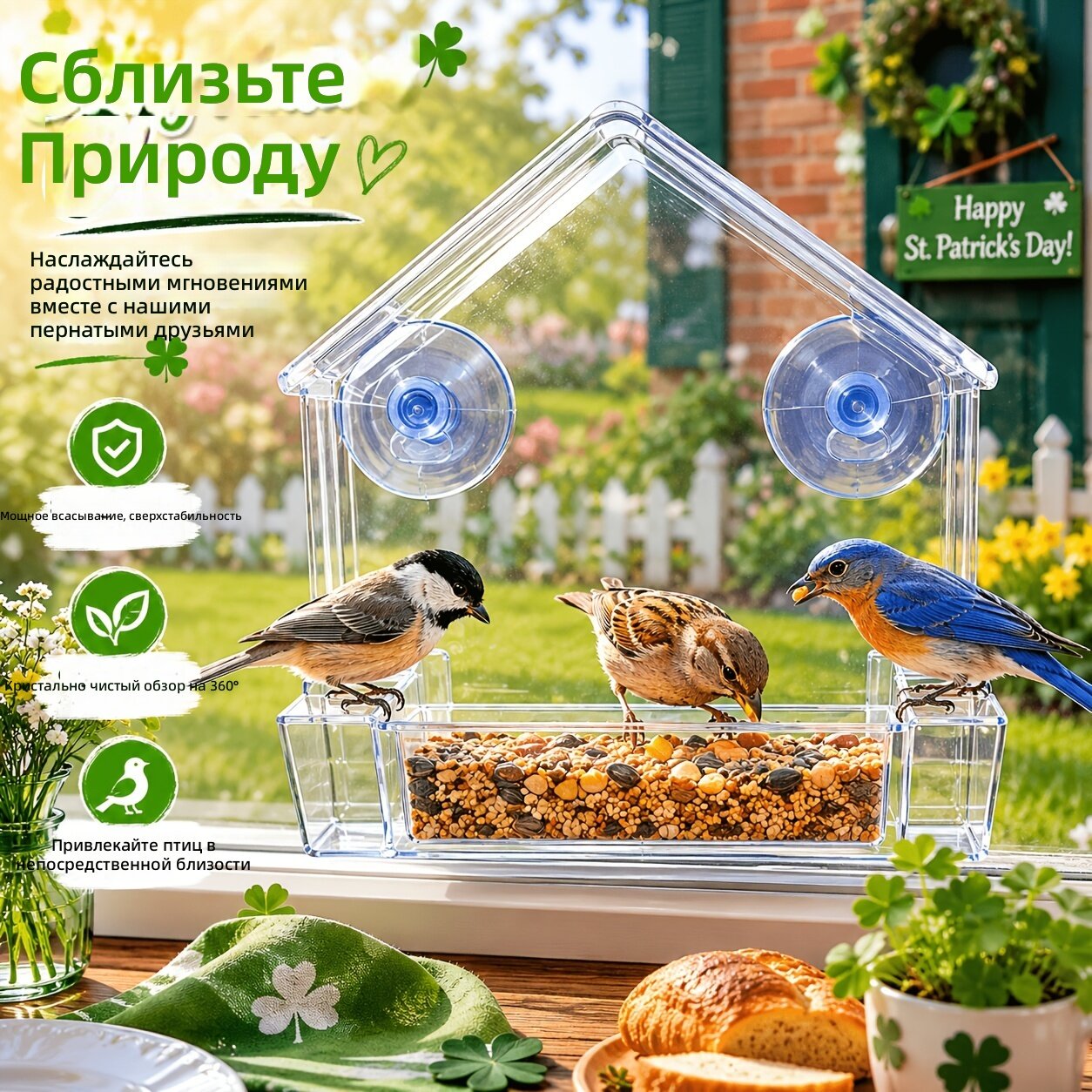 Кормушка для птиц на окно с двумя прочными присосками, прозрачный акриловый поддон, легко очищается, для диких птиц, декор для сада и патио, подарок