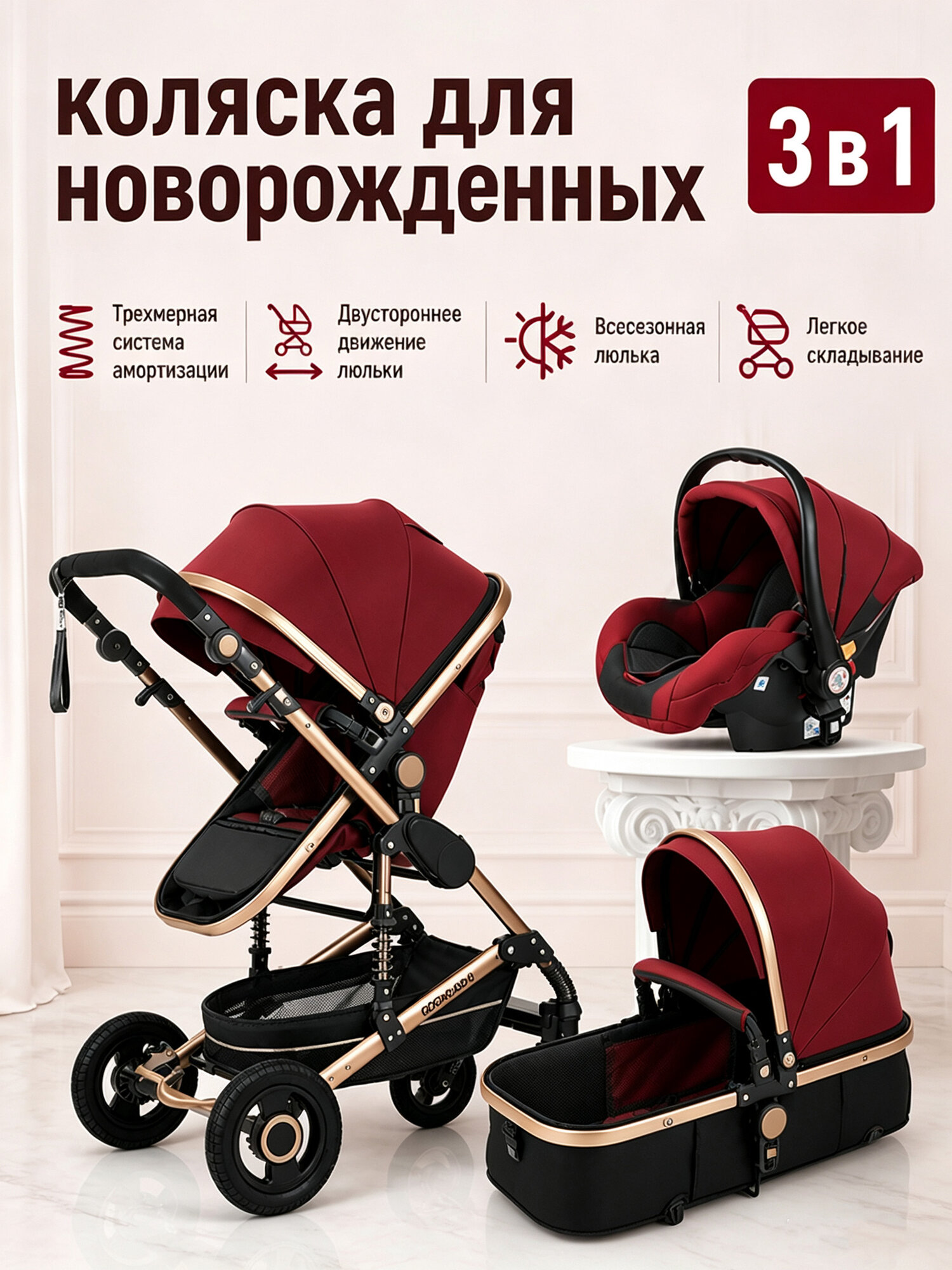 Универсальная коляска 3 в 1 с большими колесами и двойной защитой для новорожденных, легкий механизм складывания, 5 уровней наклона, идеальна прогулок с малышом!