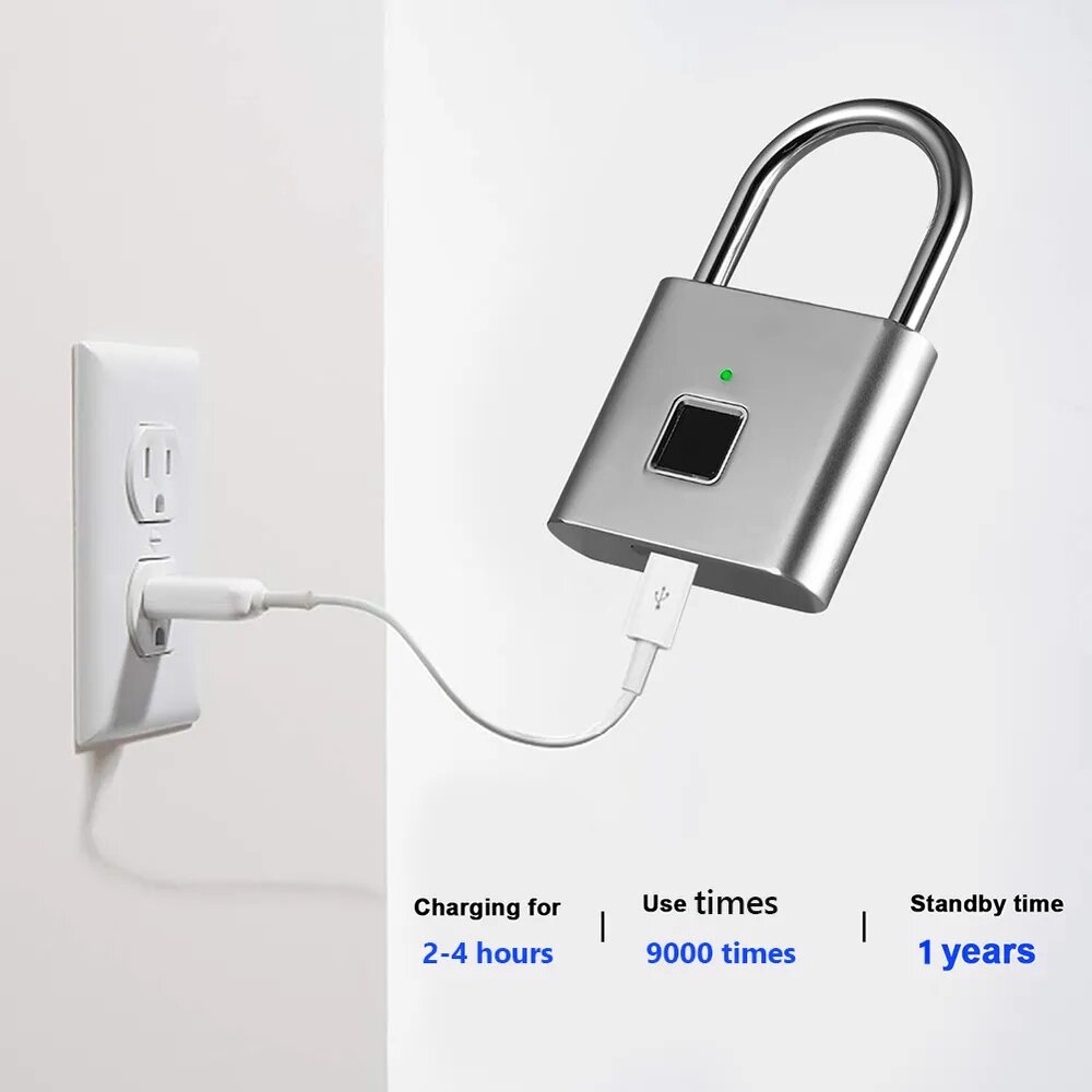 Смарт-замок с отпечатком пальца, IP65, цинковый сплав, серебристый, micro-USB