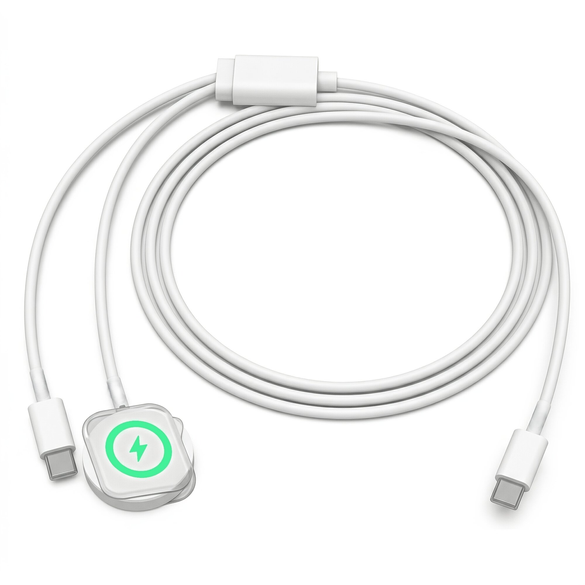 Зарядный кабель 2-в-1 для Apple Watch (Ultra/SE/9/8/7/6/5) и iPhone (15/14/13/12/Plus/Pro/Pro Max), двойной вход USB-C, плетеный нейлон, белый