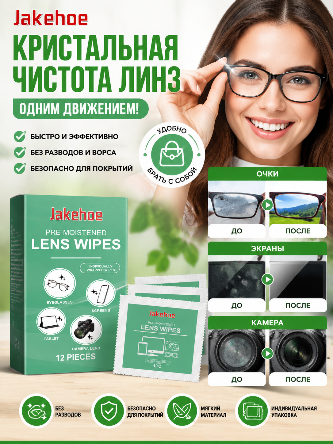 Салфетки для чистки очков и экранов: экспресс-удаление отпечатков, защита от запотевания и компактность,12 шт