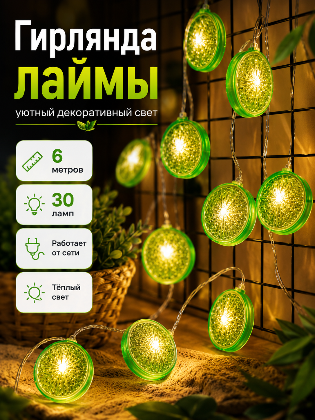 Гирлянда-нить лаймы светодиодная декоративная 6 метров от сети для дома и праздника