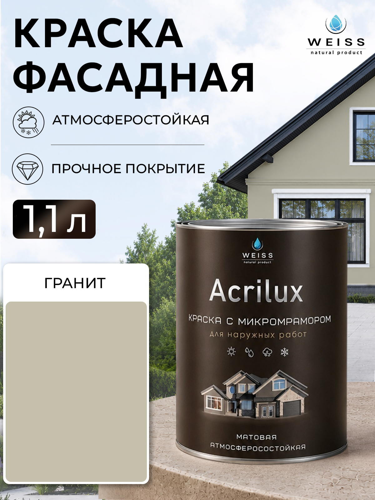 Фасадная краска WEISS, акриловая, матовая, кроющая, износостойкая, 1,1 л
