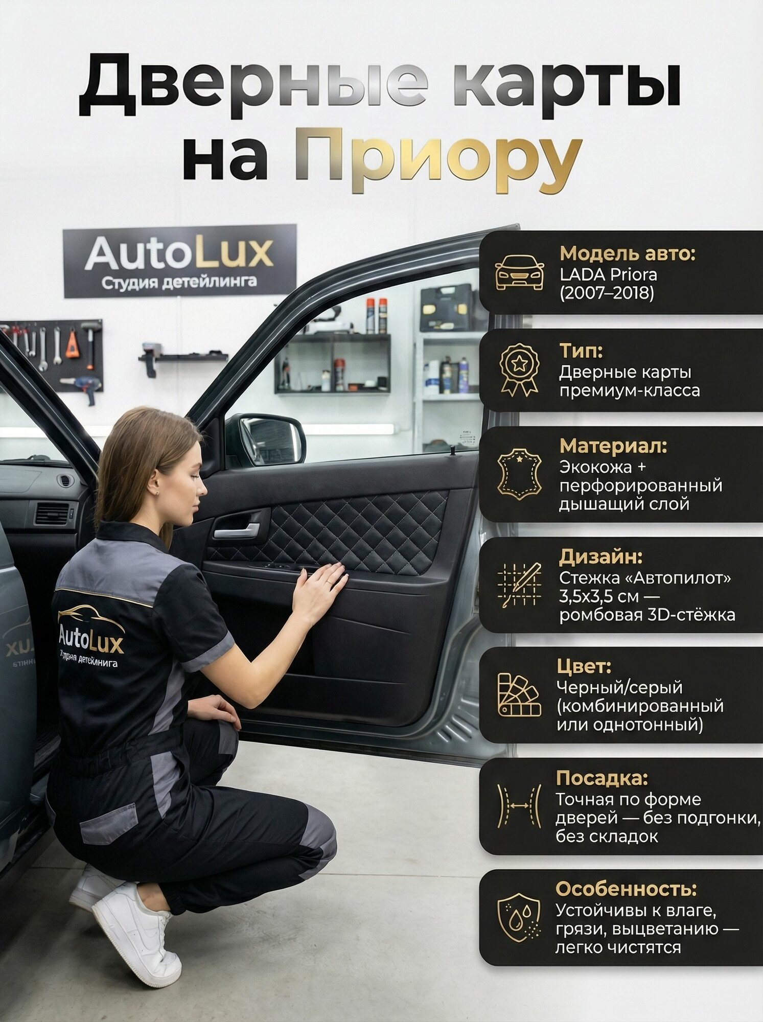 Вставки из экокожи в дверные карты для обшивки дверей на Lada Priora/Лада Приора, черная перфорация с серыми ромбами