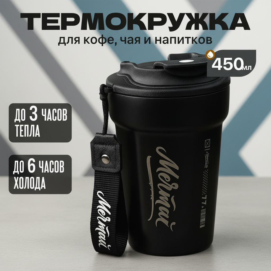 Термос черный 450 мл для чая кофе в авто высота 17 см