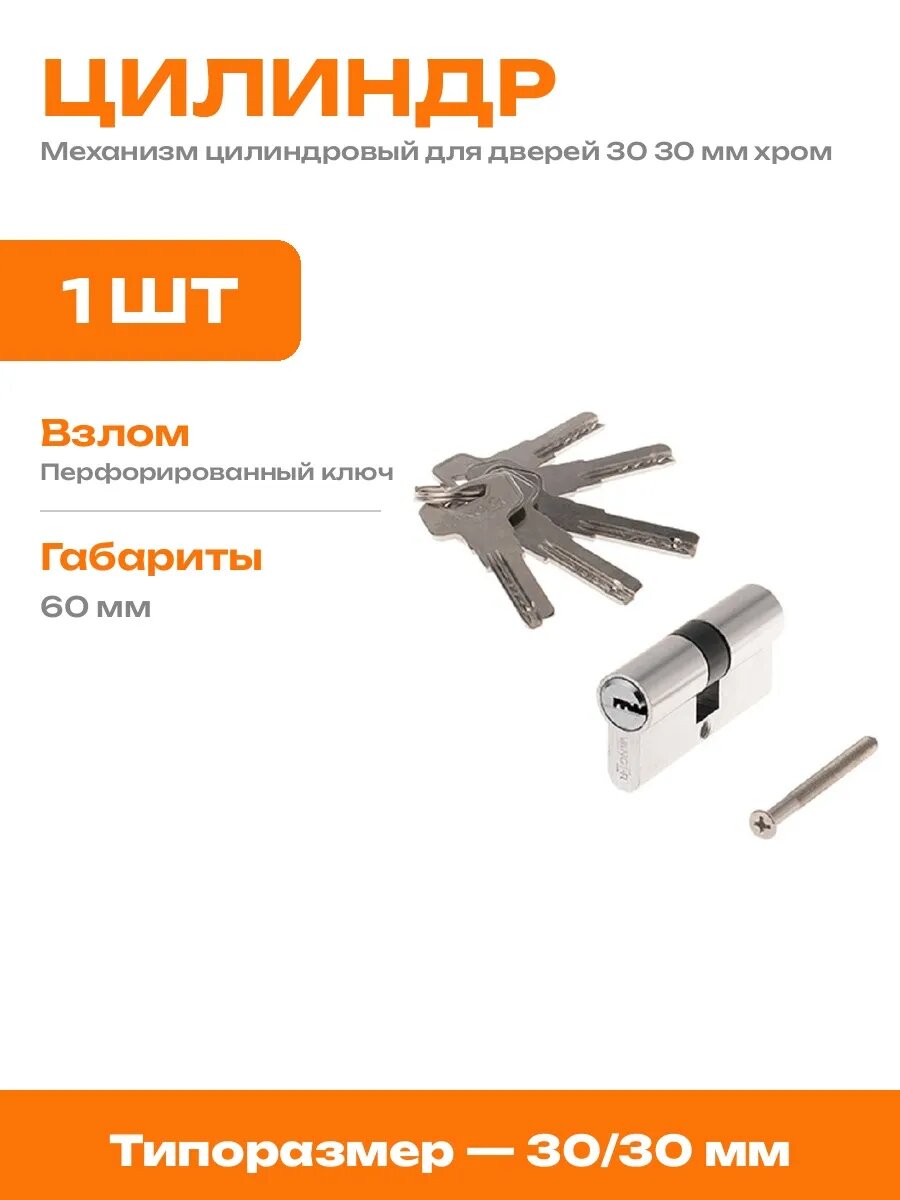 Личинка замка 30 30 с 5 ключами хром сталь и цам набор
