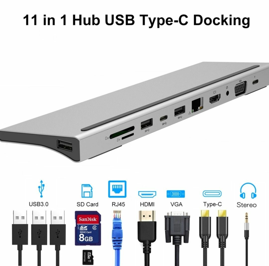 Док-станция HUB 11in1 USB - Концентратор 4K HDMI-совместимым концентратором VGA Ethernet Type-C многопортовый адаптер USB 3.0 3 * USB2.0 для MacBook
