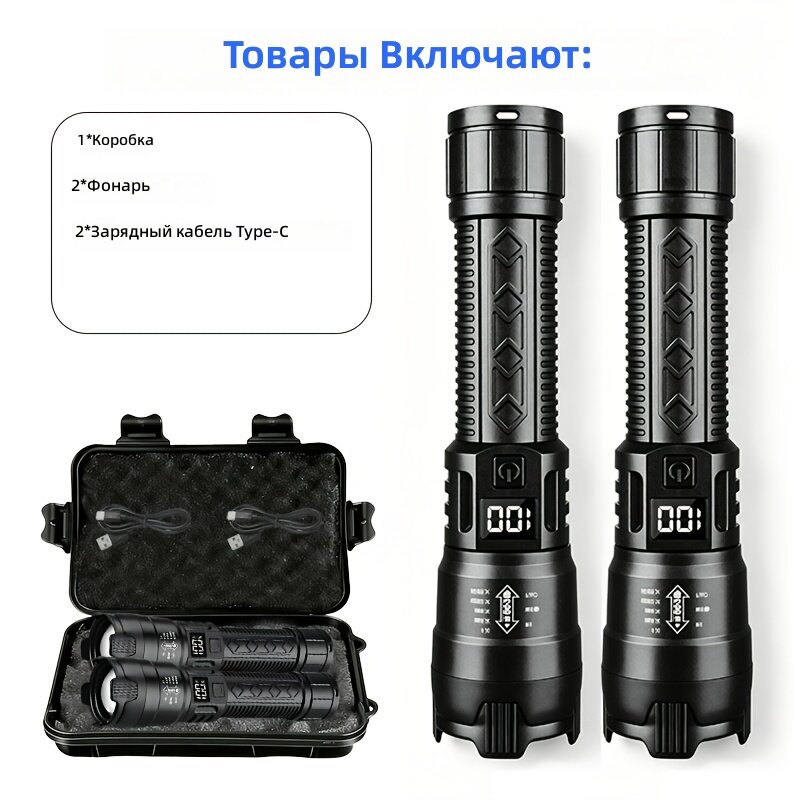 Фонарь светодиодный перезаряжаемый с зумом и индикатором батареи, порт Type-C, IP44, комплект из 2 шт.