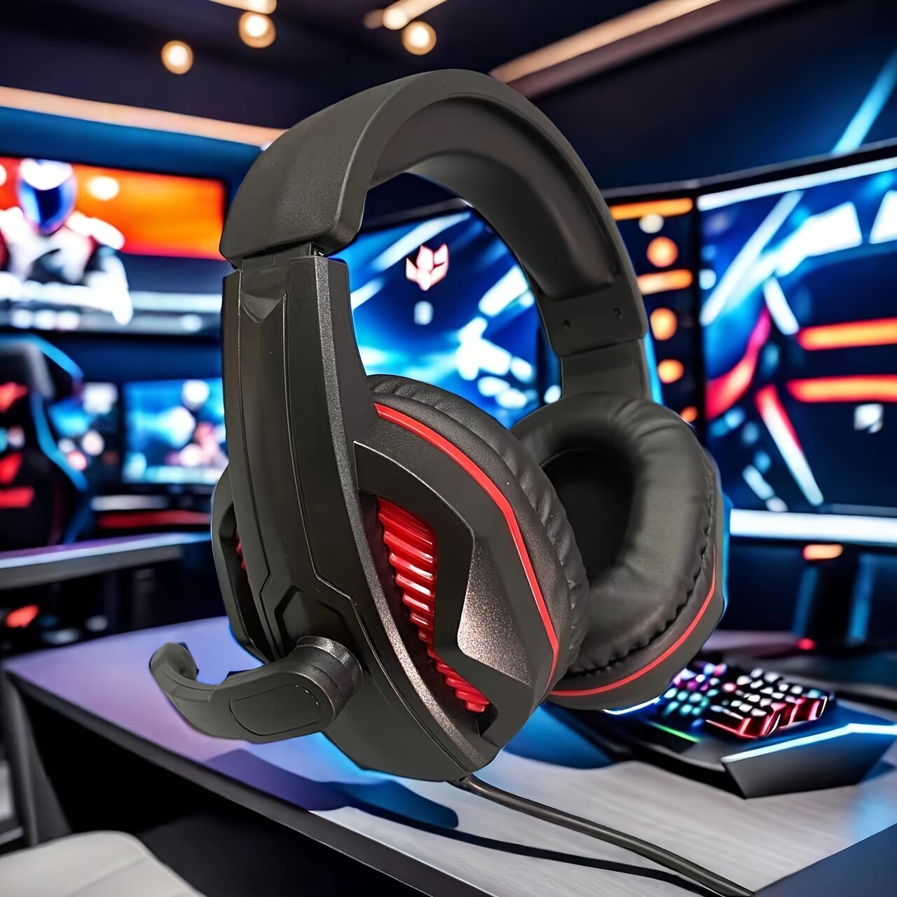 Гарнитура H4 Bass полноразмерная проводная с микрофоном для игр, музыки, онлайн-обучения и общения, для ПК и ноутбука, черно-красная
