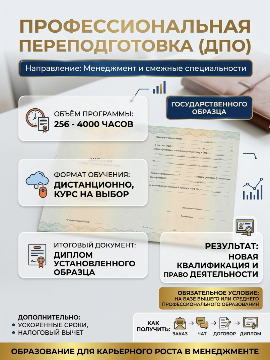 Менеджмент, сертификат ДПО, профессиональная переподготовка, диплом, 256-4000 часов (направление «Менеджмент»)