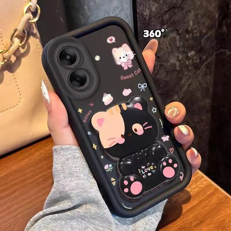 Чехол для REDMI 13C 4G poco C65, мягкий силиконовый ударопрочный чехол, новый дизайн, эстетичный кот с держателем, черно-белый JTMMZJ01
