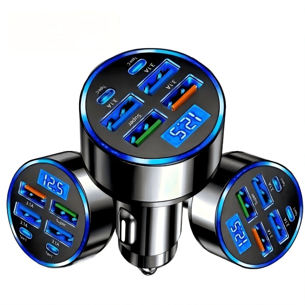 Автомобильное зарядное устройство на 6 портов (4 USB + 2 Type-C) с цифровым дисплеем напряжения и быстрой зарядкой