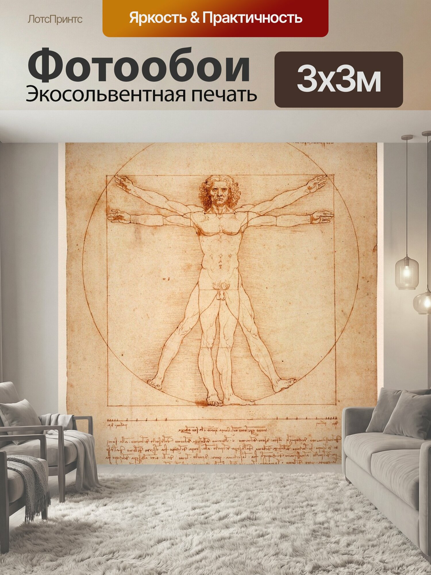 Фотообои "Леонардо да винчи, витрувианский человек, uomo vitruviano" 300x300 см. экосольвентная печать
