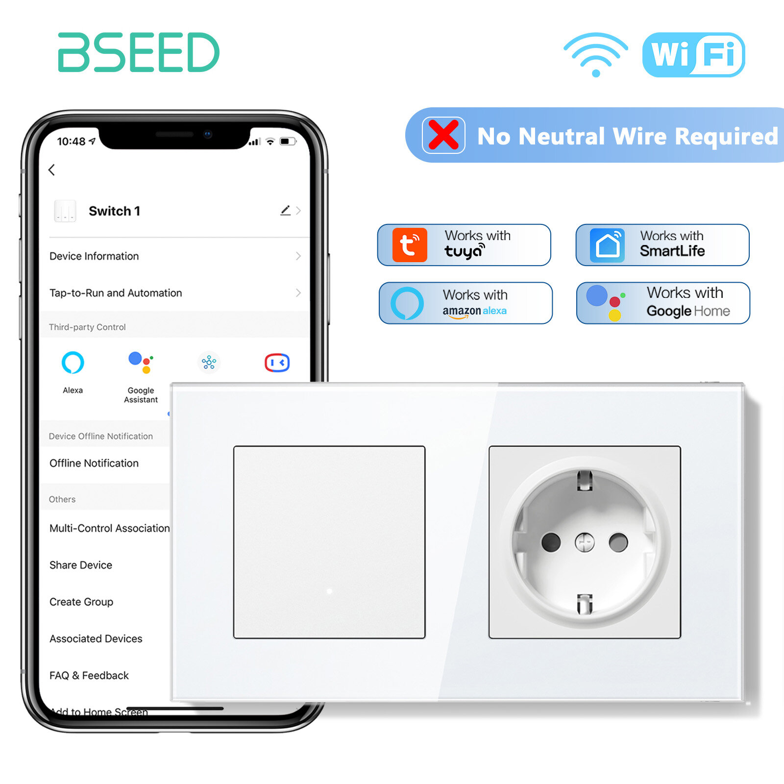 Умный выключатель без нуля WIFI с розеткой , Серия E - CLICK