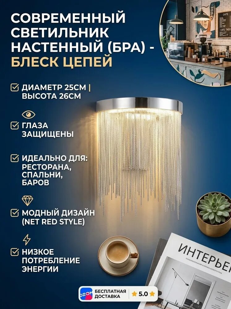 Настенный светильник (бра) с кисточками 16 Вт, диаметр 25 см, высота 26 см, теплый белый свет