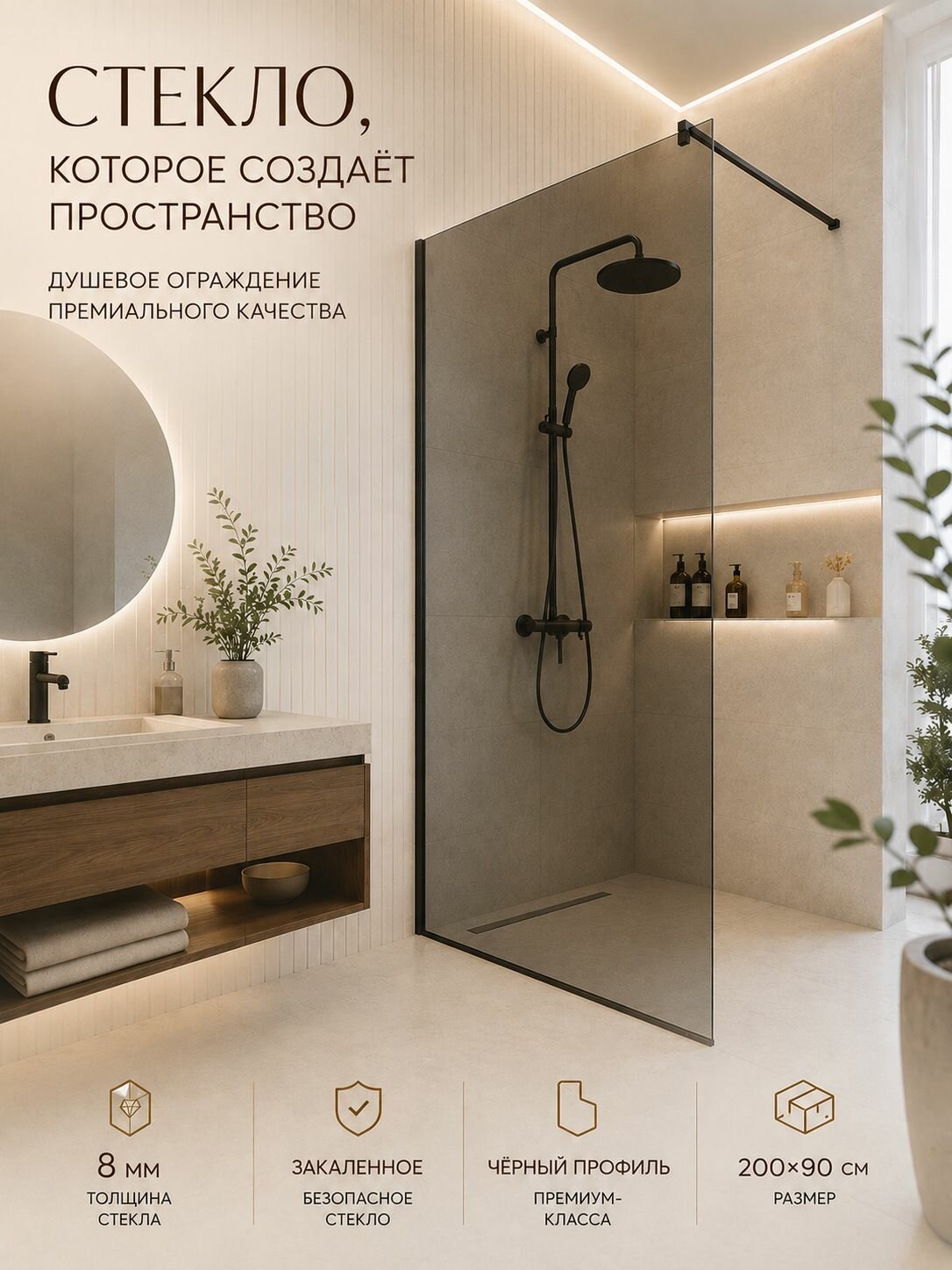Стеклянное душевое ограждение для ванной комнаты, душевая перегородка. тонированное стекло 8 мм 200х90 см с черным профилем