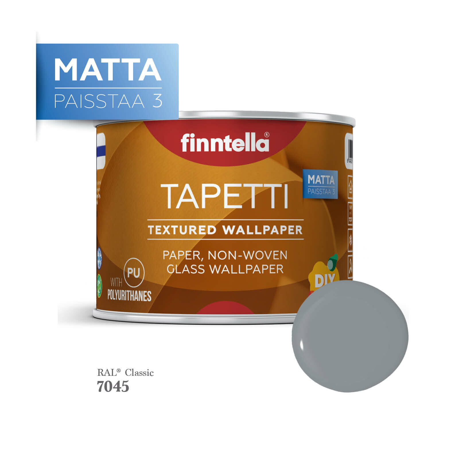 Матовая краска для обоев под окраску TAPETTI Matta FINNTELLA, Цвет RAL 7045 Телегрей 1 (Telegrey 1), 0,45л