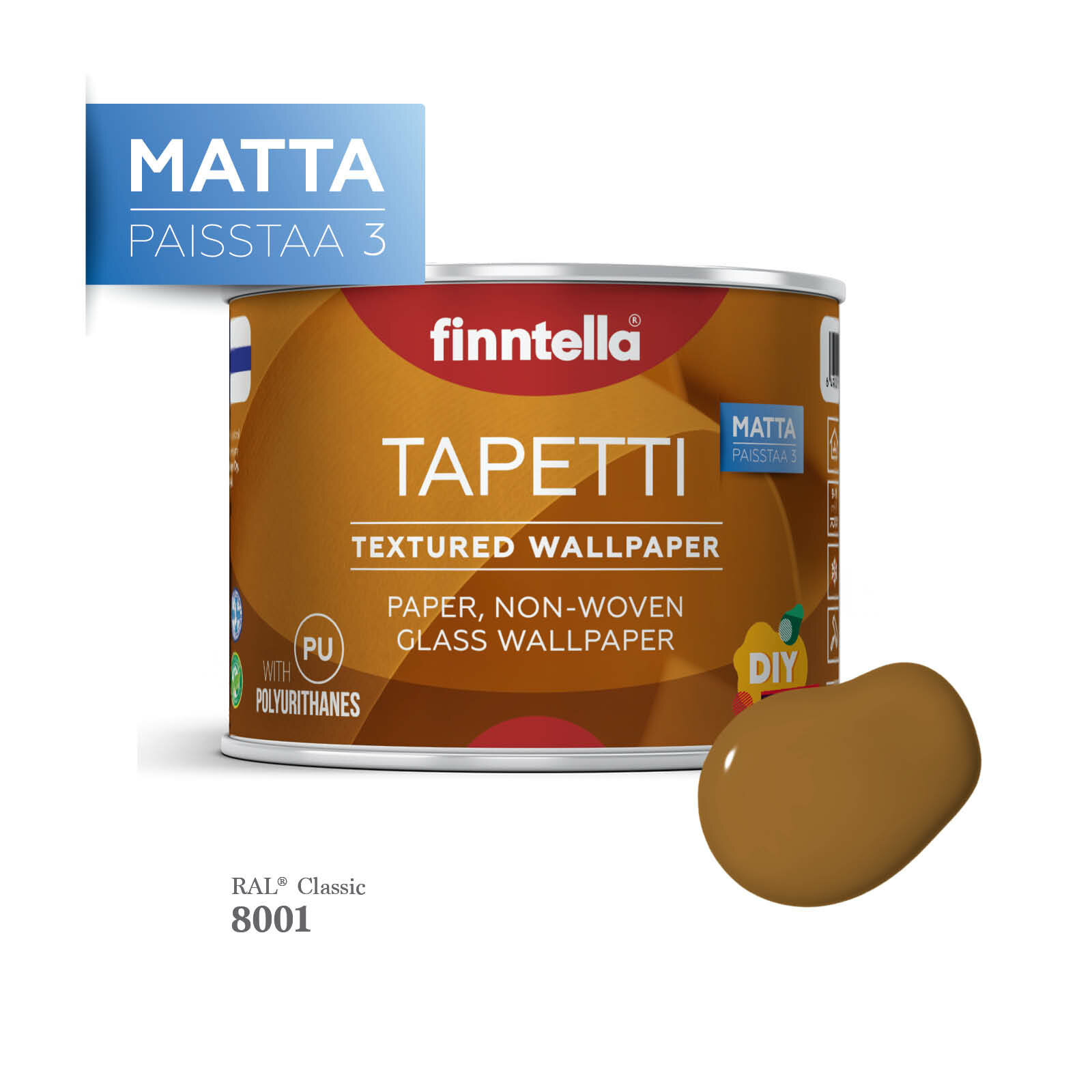 Матовая краска для обоев под окраску TAPETTI Matta FINNTELLA, Цвет RAL 8001 Охра коричневая (Ochre brown), 0,45л