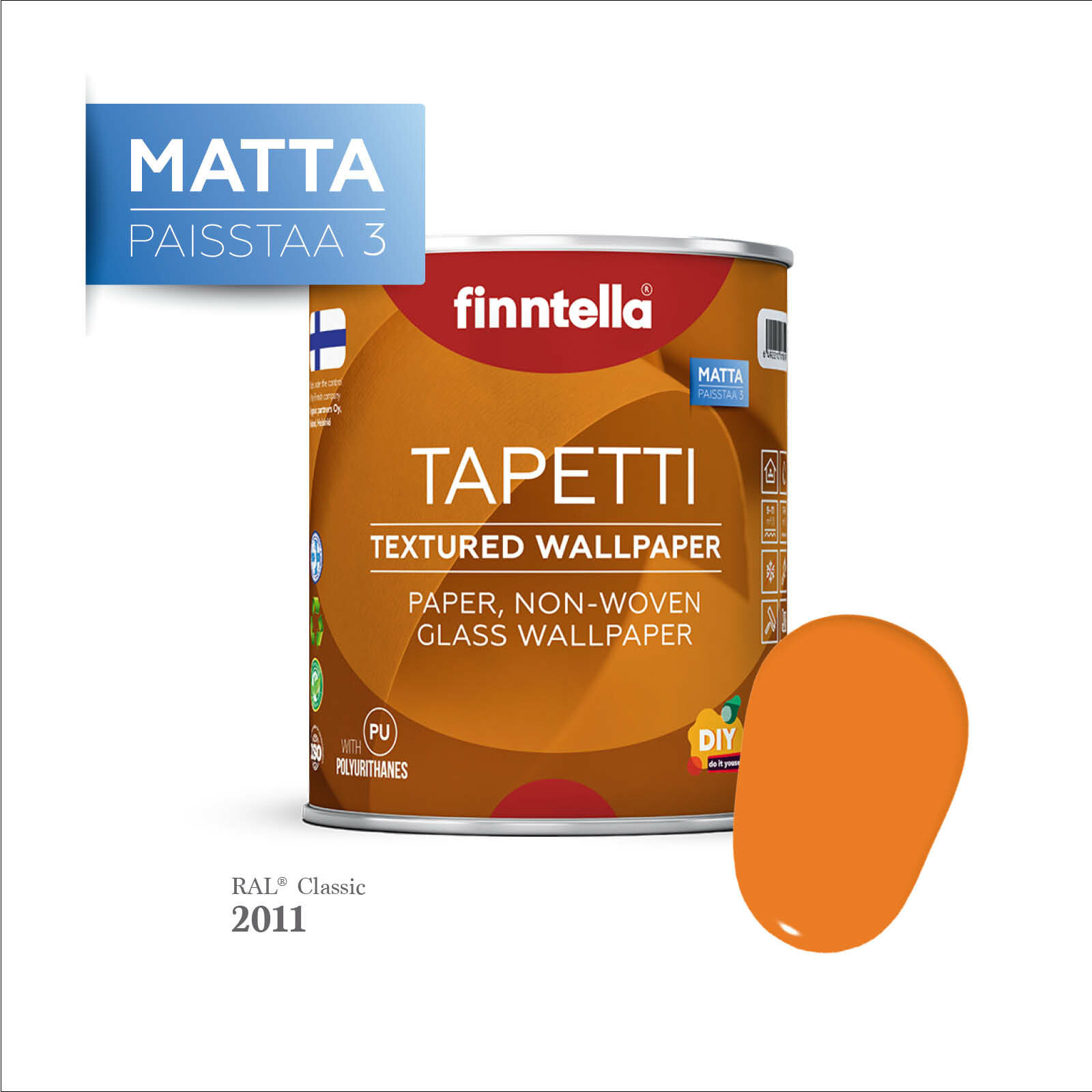 Матовая краска для обоев под окраску TAPETTI Matta FINNTELLA, Цвет RAL 2011 Насыщенный оранжевый (Deep orange), 0,9л