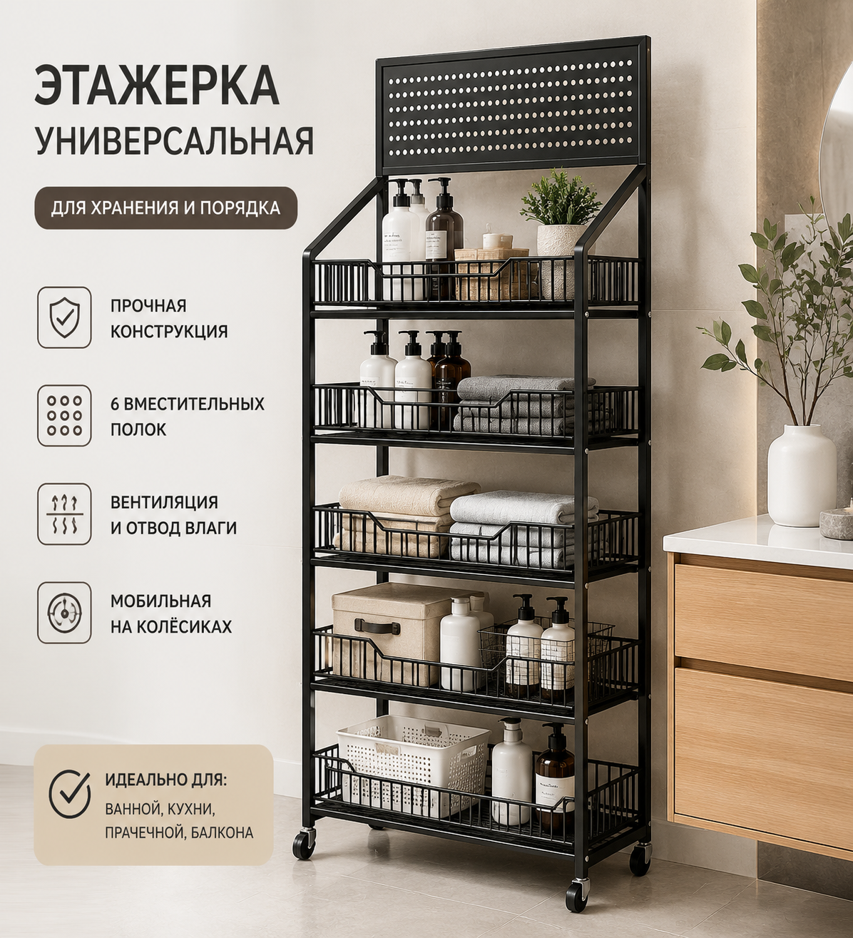 Передвижной металлический торговый стеллаж на колёсах, 5 корзин-полок, 50х27х165 см