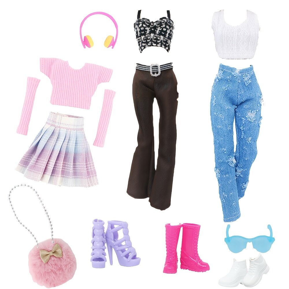 Одежда и аксессуары для куклы 30 см (11,5 дюйма) в стиле Fashion: топ, брюки, плюшевая сумка, спортивная обувь, сапоги, туфли на каблуке, наушники, очки