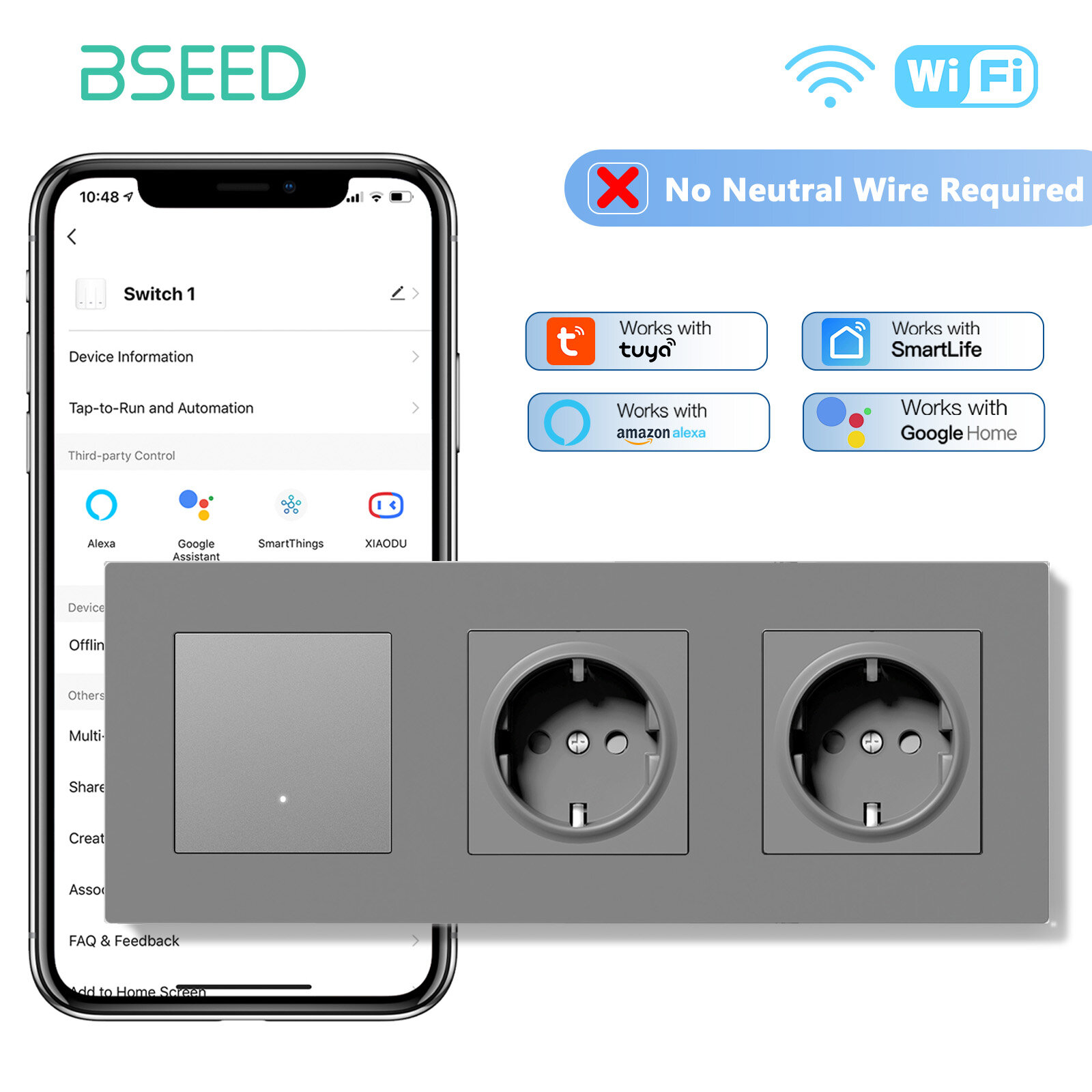 Умный выключатель Без нуля c Алисой, Легко нажать, WIFI, 3 поста (1+2 розетка), пластиковая рамка, 228mm