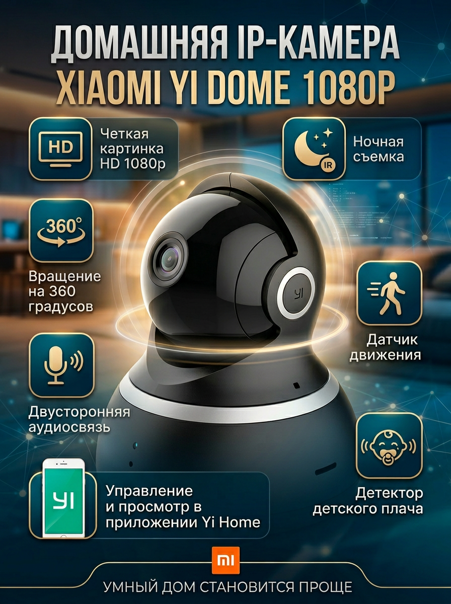 Камера наблюдения Xiaomi YI Dome Camera 1080p для дома, Датчик движения/звука, Аудиосвязь, Ночной режим, Гарантия 6 мес