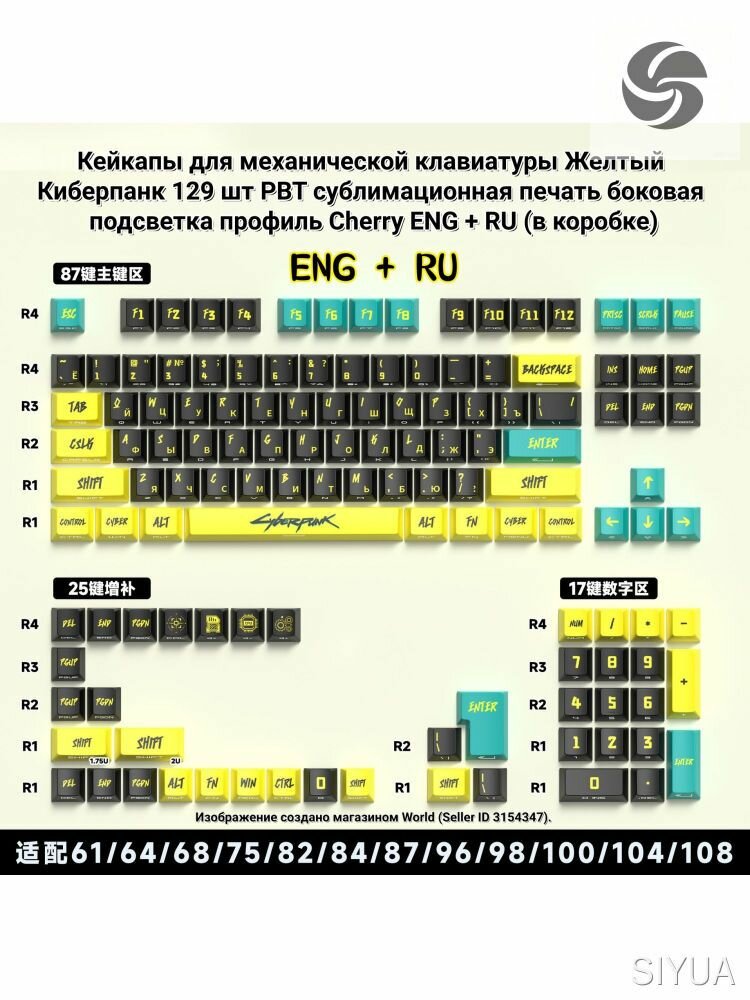 Кейкапы для механической клавиатуры Желтый Киберпанк 129 шт PBT сублимационная печать боковая подсветка профиль Cherry ENG + RU (в коробке)