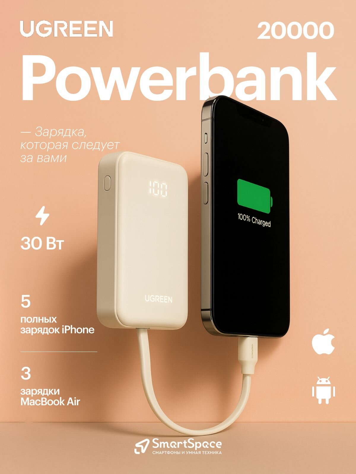 Ugreen Внешний аккумулятор PD30W Power Bank, 20000 мАч, 30 Вт, светло-бежевый, 45207