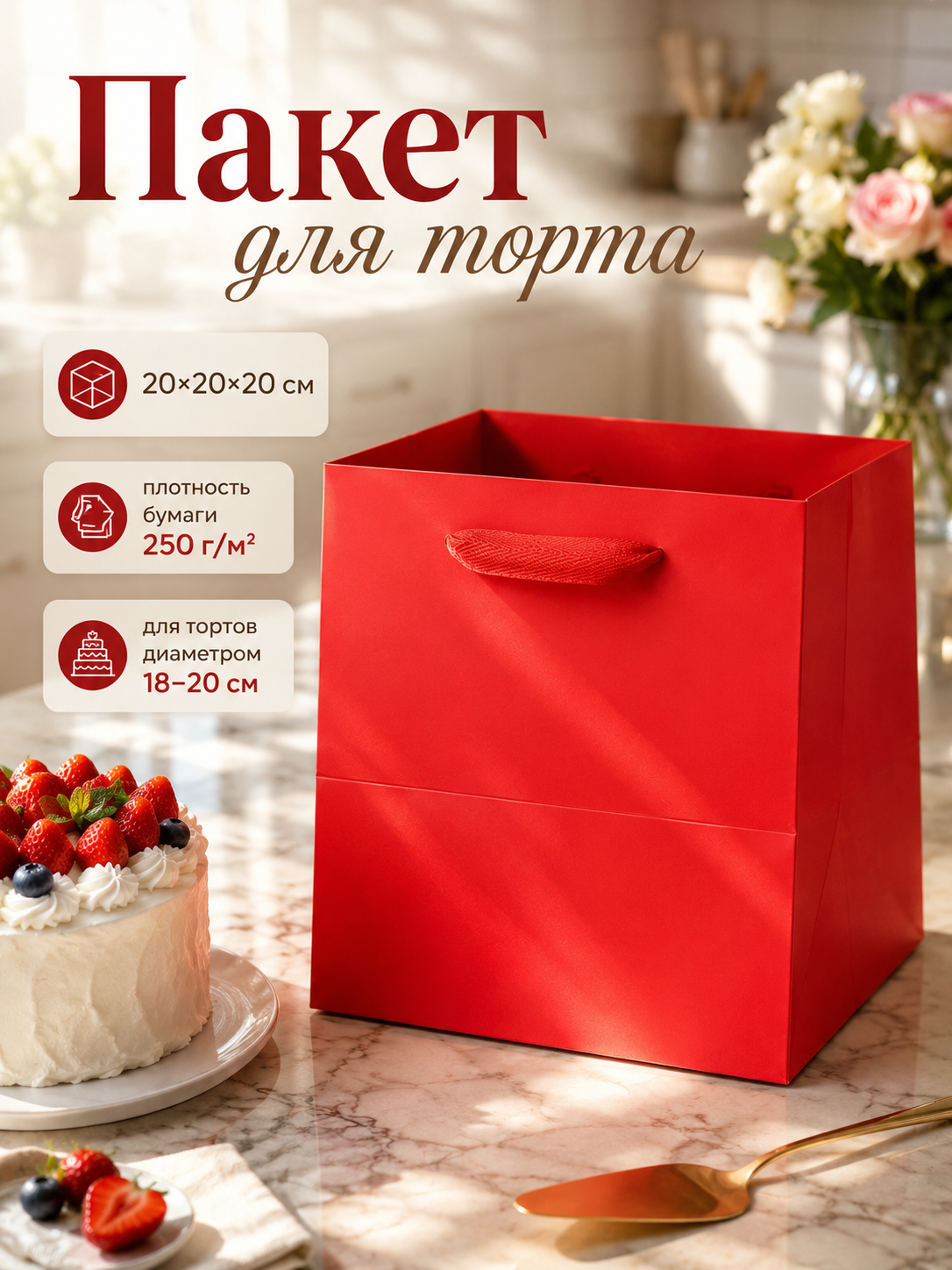 Пакет для торта Upak Land, 20 x 20x 20см, красный, бумага, плотность 250г/м²