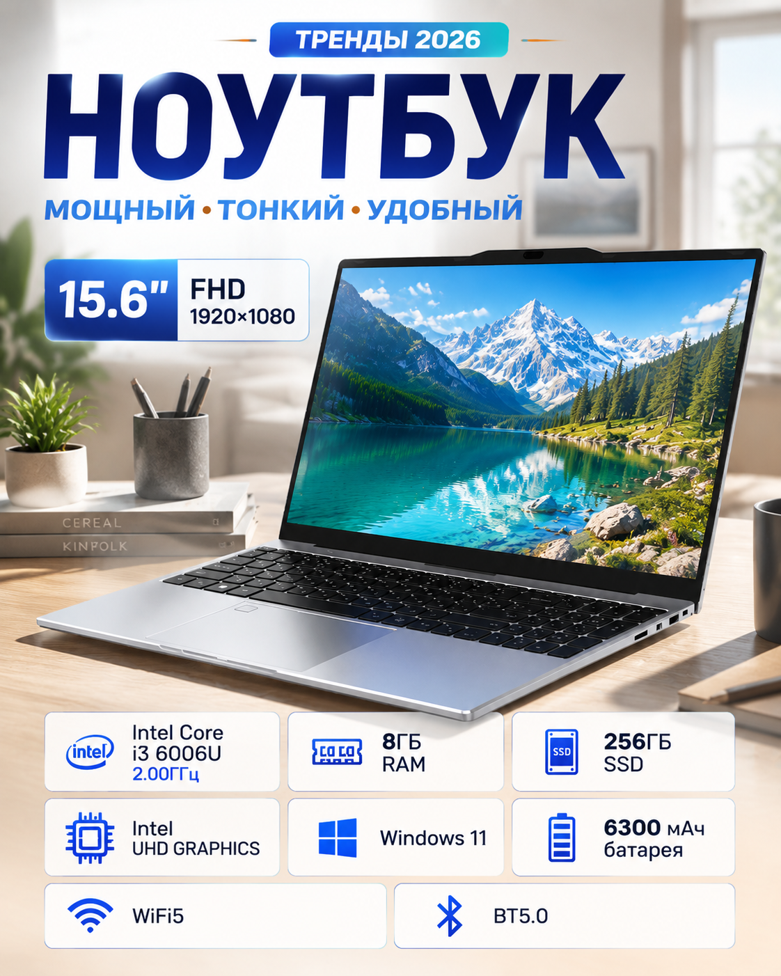 Ноутбук 15.6" FHD Intel Core i3 6006U / 8 ГБ RAM / 256 ГБ SSD / Intel UHD Graphics / Windows 11 / Сканер отпечатка