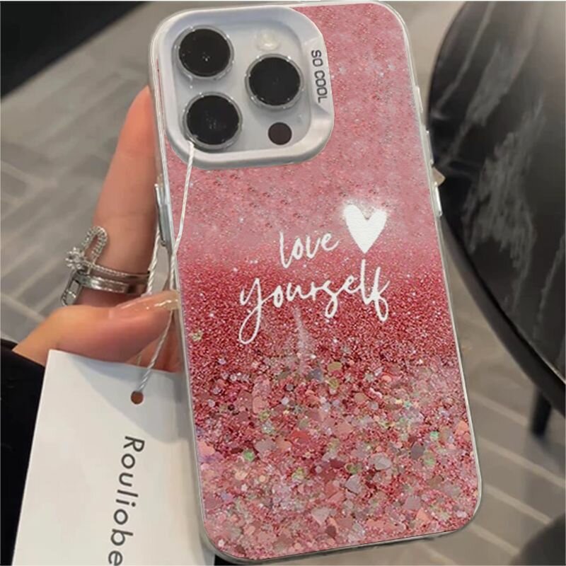 Чехол на Aйфон 15 Про Макс / IPHONE 15 PRO MAX белый с дизайном Розовый глиттер love yourself, силиконовый антиударный