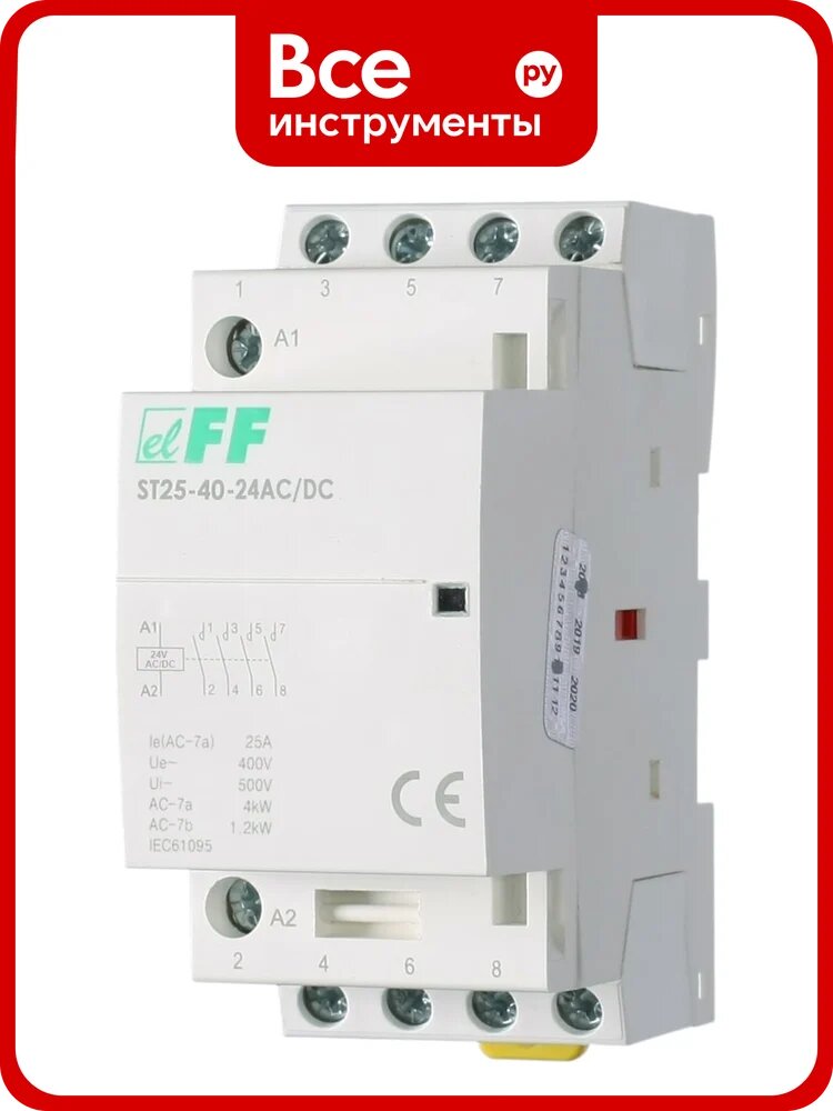 Контактор Евроавтоматика F&F ST25-40-24 AC/DC 4NO, потребляемая мощность 4 Вт, 2 модуля, монтаж на DIN-рейке EA13.001.023