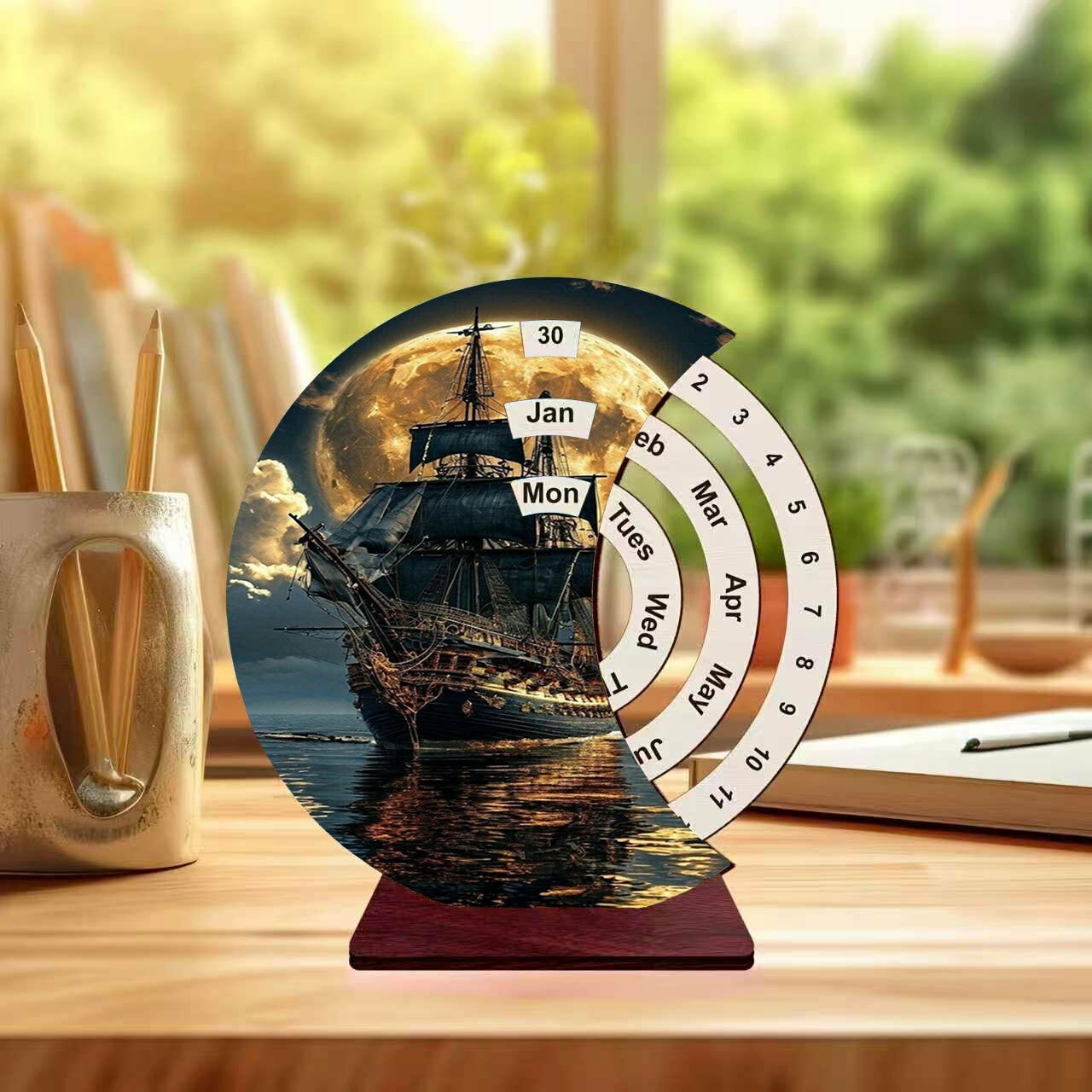 Винтажные деревянные настольные часы-календарь с парусником, ручное вращение, с месячным календарем и фазовой диаграммой, для домашнего декора и офиса