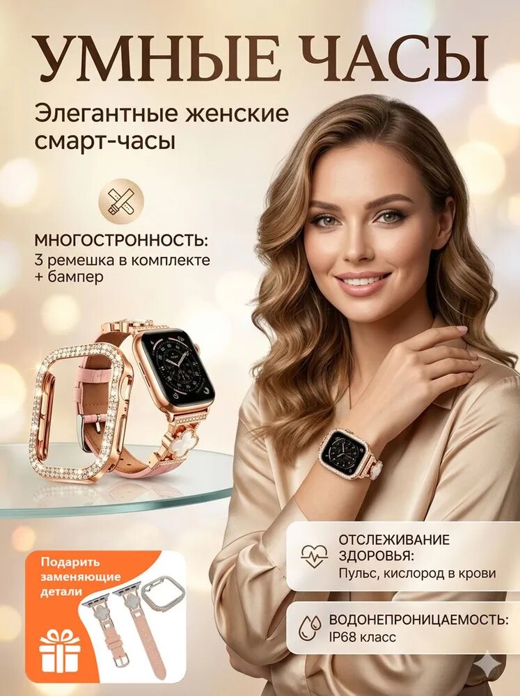 Смарт часы умные, Женские умные часы , розовое золото