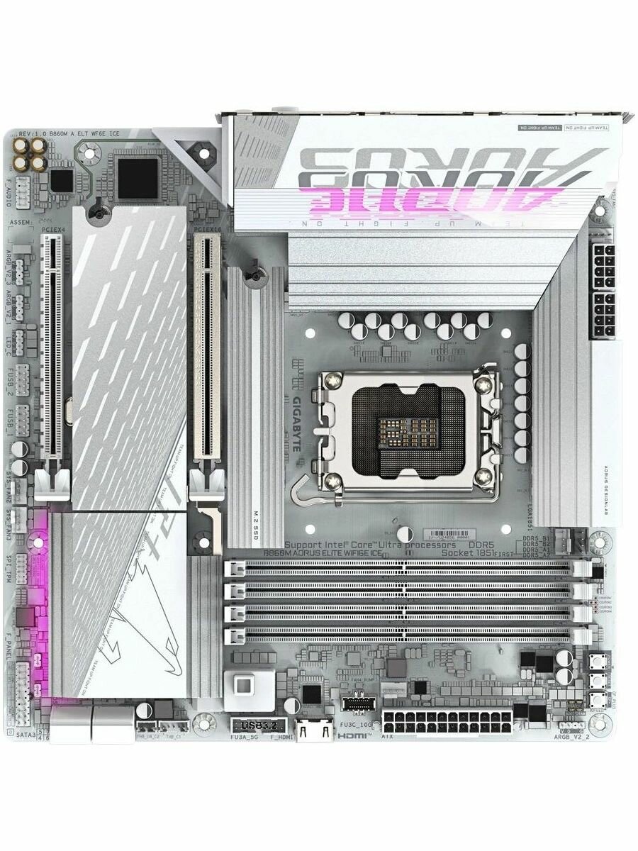 Материнская плата Gigabyte B860M AORUS ELITE WIFI6E ICE Soc-1851 Intel B860 4xDDR5 mATX AC 97 8ch(7.1) 2.5Gg RAID+HDMI+DP