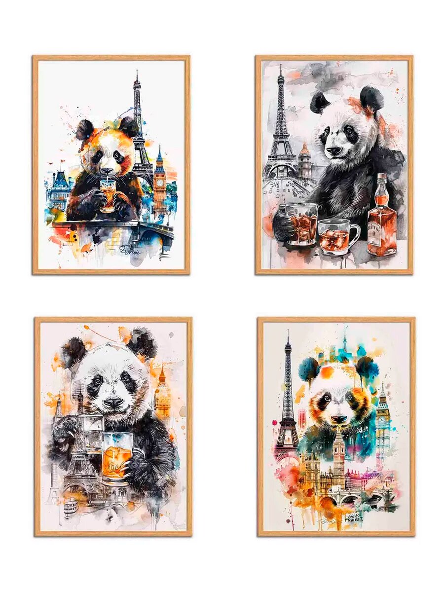 Панда Пьет Виски, 4 Плаката, 30x21см