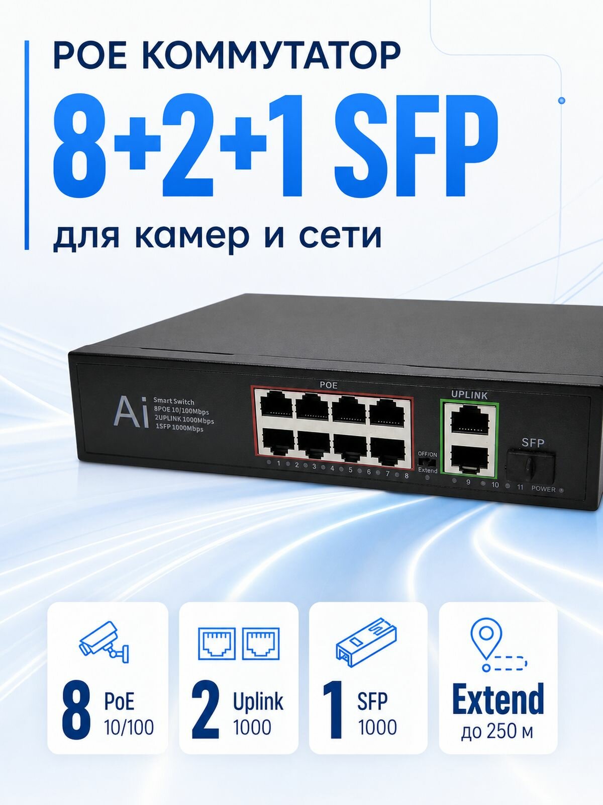 Коммутатор POE 1011GB на 8 портов 10/100M (8+2+1SFP)