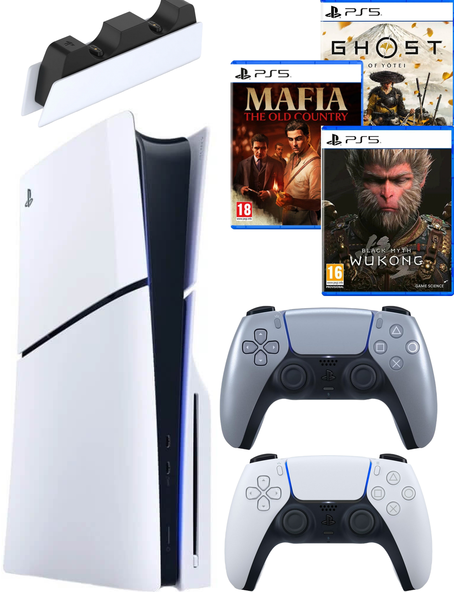 Игровая приставка Sony PS 5 Slim, 1ТБ(с дисководом)+2 геймпад(silver)+Зарядная станция+Комплект из 3 игр