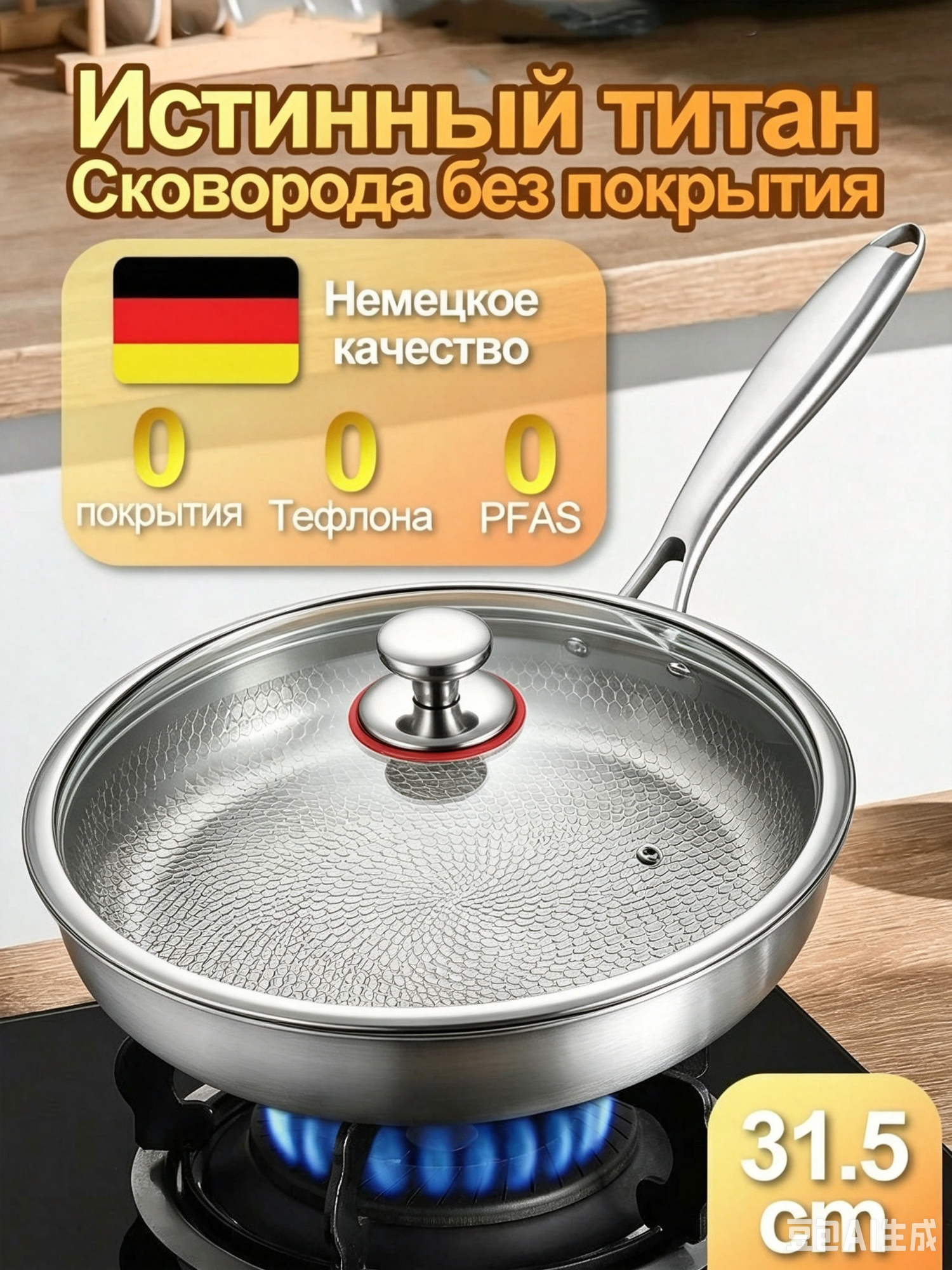 Настоящая титановая сковорода высокого класса, немецкое качество, без покрытия, не пригорает, с крышкой，31,5 см