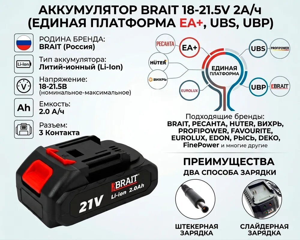 Аккумулятор BRAIT 18-21,5v 2А/ч (единая платформа, EA+, UBS, UBP)