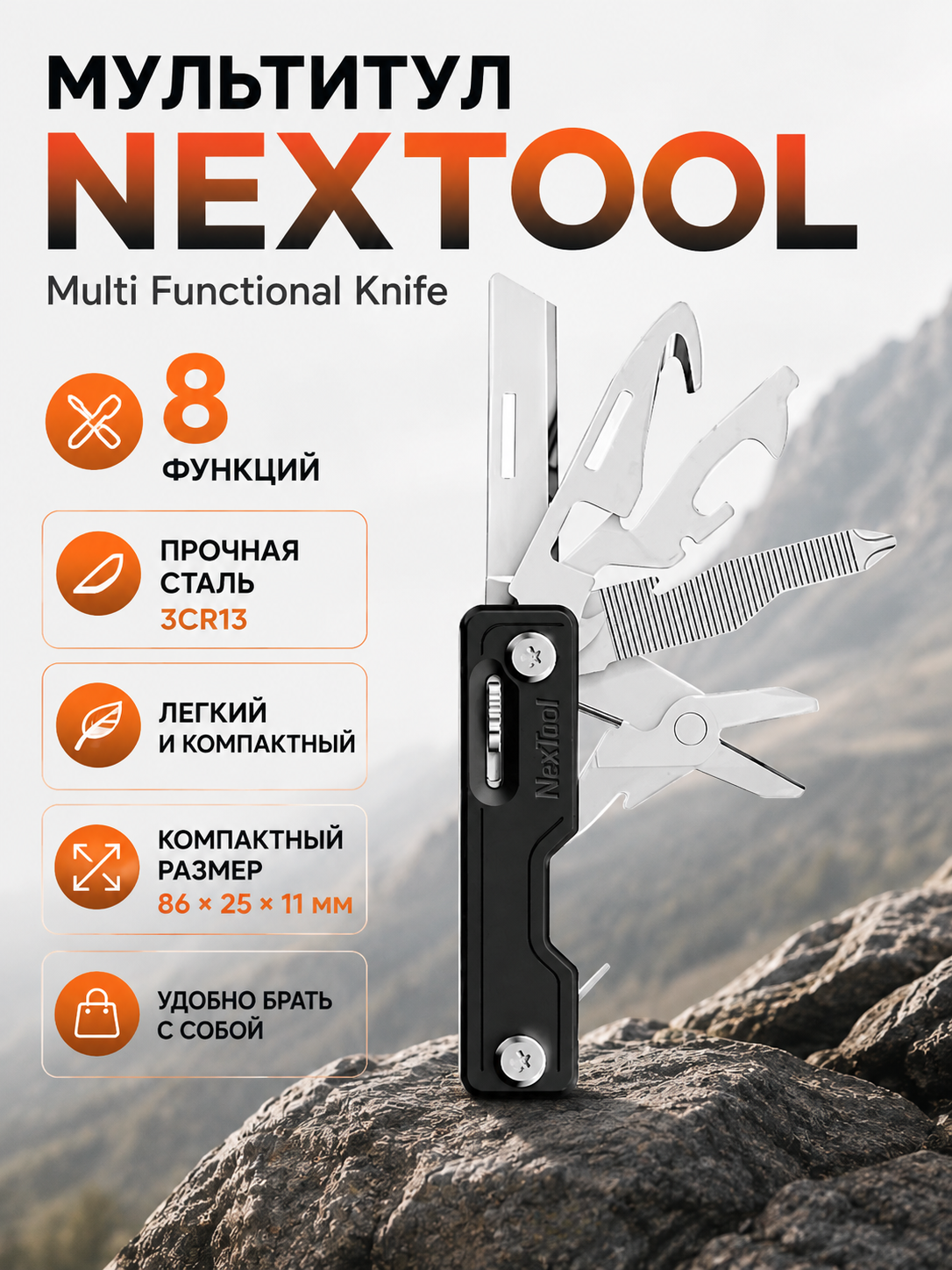 Мультитул-мини NexTool Multi Functional Knife (NE20096) чёрный