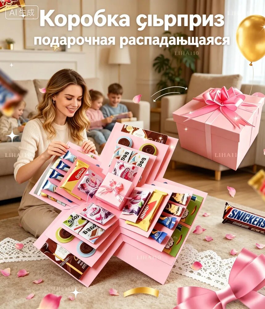 Коробка сюрприз подарочная распадающаяся, розовый, 23x25x5 см, картон, универсальная