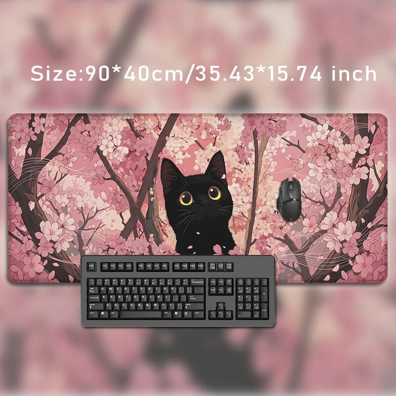 Коврик для мыши XXL с принтом «Черная кошка под вишней» TWTOWO 900X400X2MM