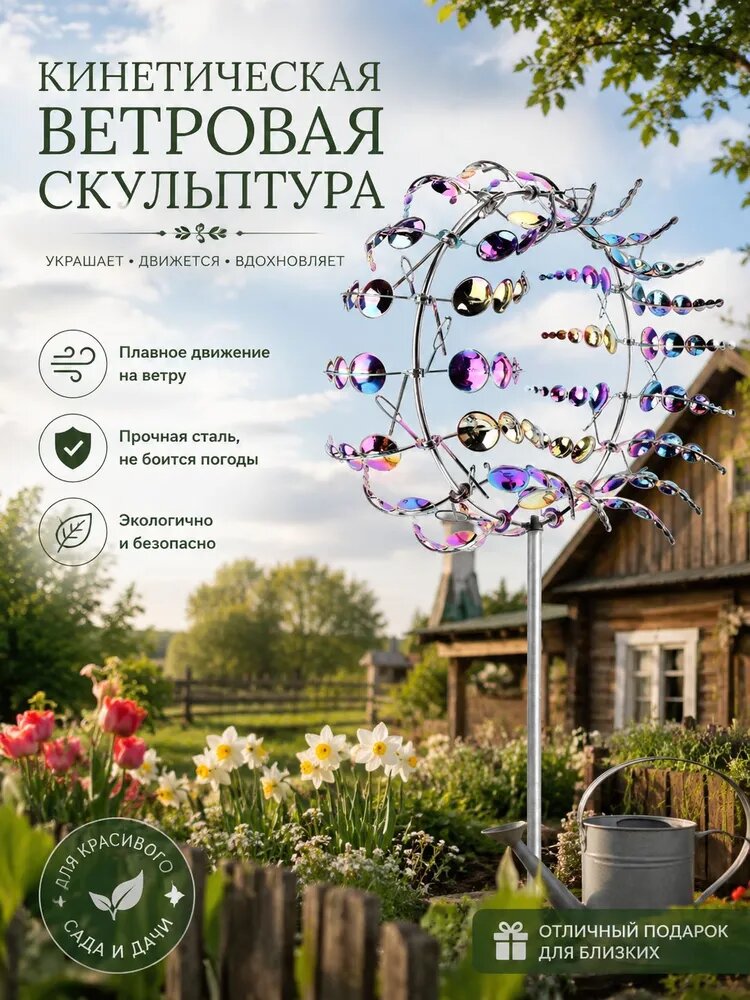 Кинетическая ветровая скульптура для сада и дачи, металлическая, разноцветная, 32x32x5 см