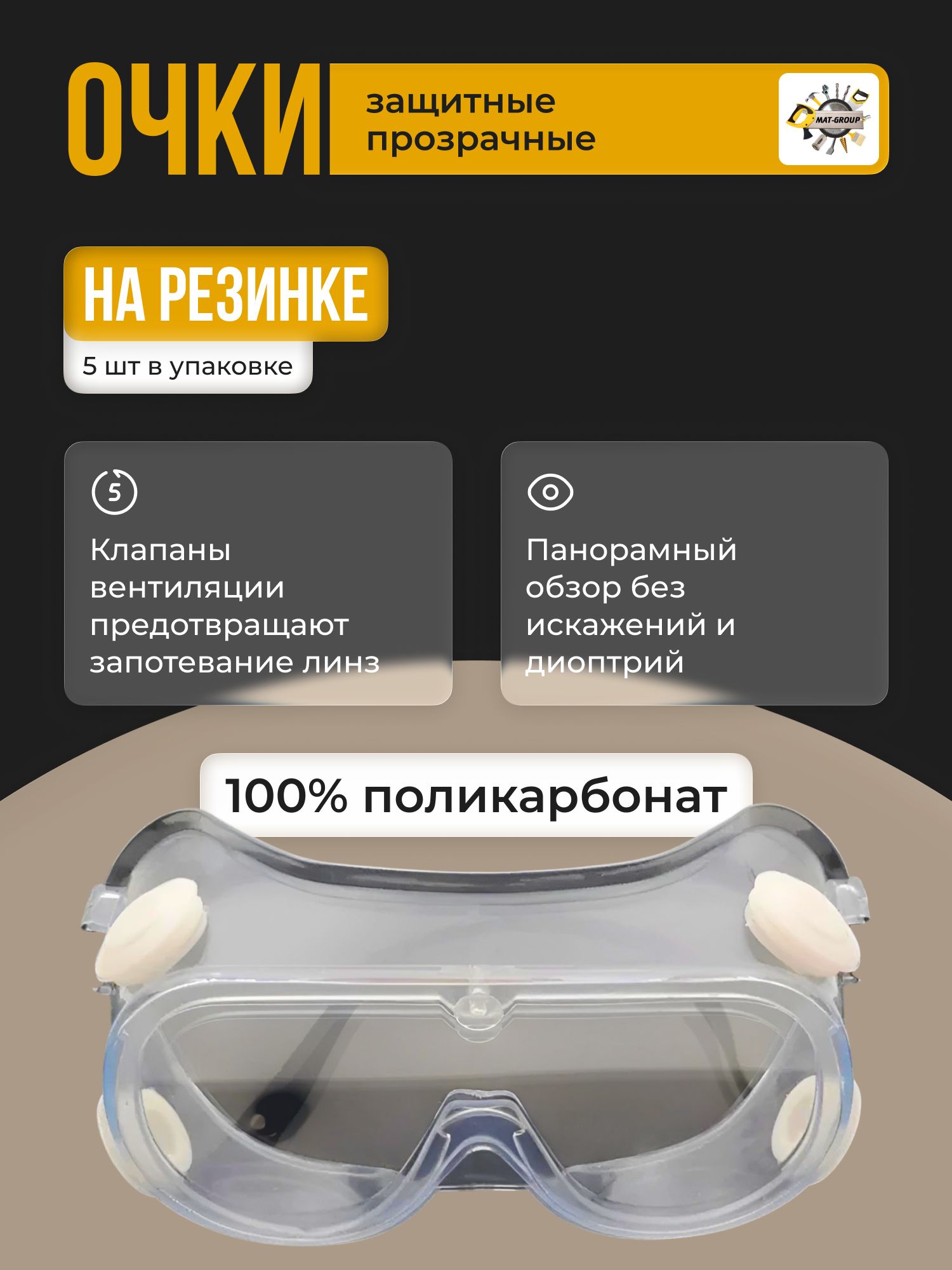 Очки защитные лицевые прозрачные, очки на резинке -5шт