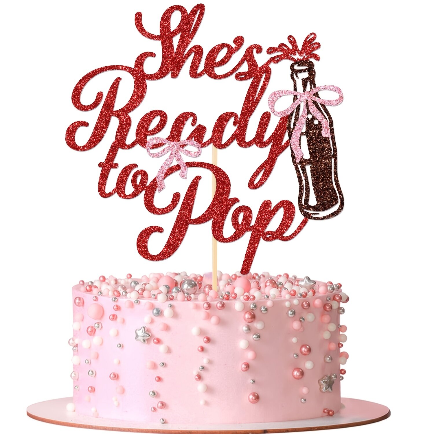 Топер для торта красный с глиттером «She's ready to pop», винтажная тема лимонада, декор для детского душа и первого дня рождения, 1 шт.