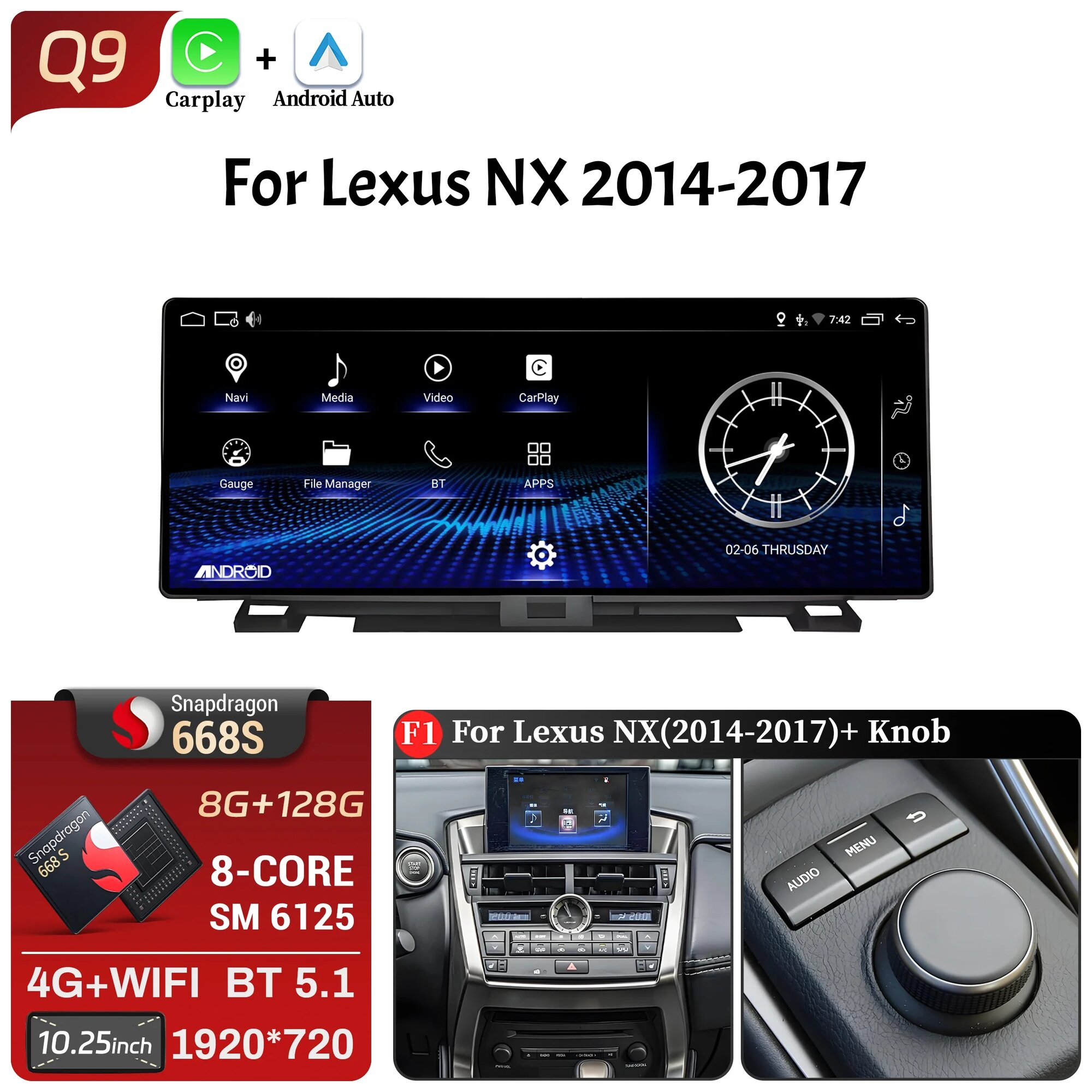 10,25-дюймовый автомобильный радиоприемник для Lexus NX NX200 NX200T NX300h 2014-2019 Android 14, мультимедийный беспроводной BT Carplay, экран Snapdragon 668S